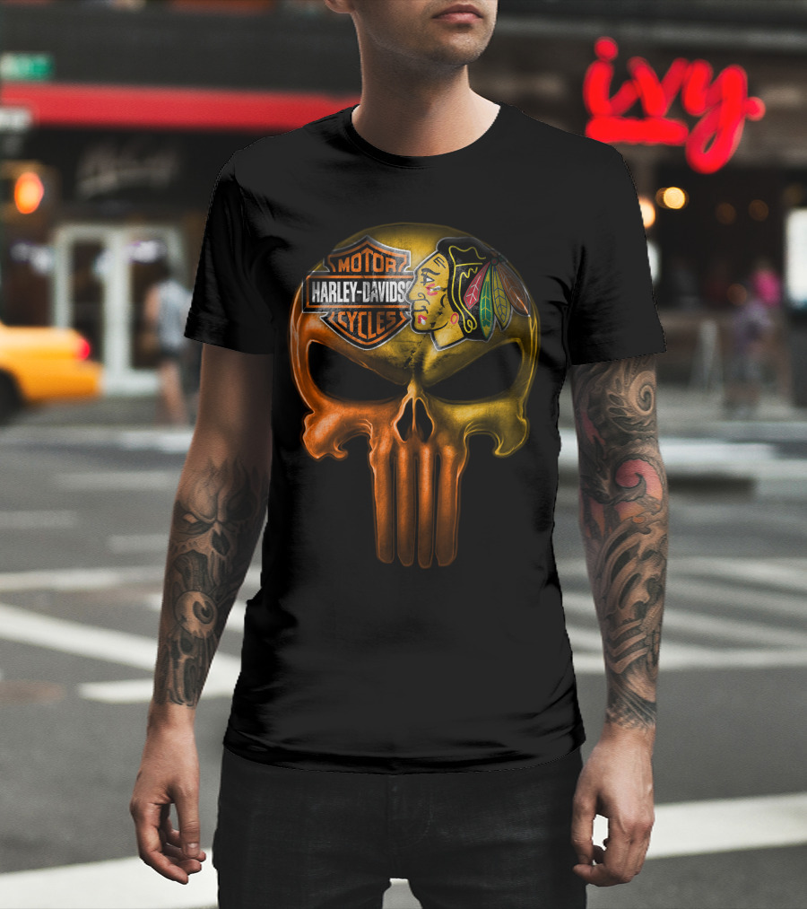 Harley Davidson Punisher Skull Chicago Blackhawks T-Shirt