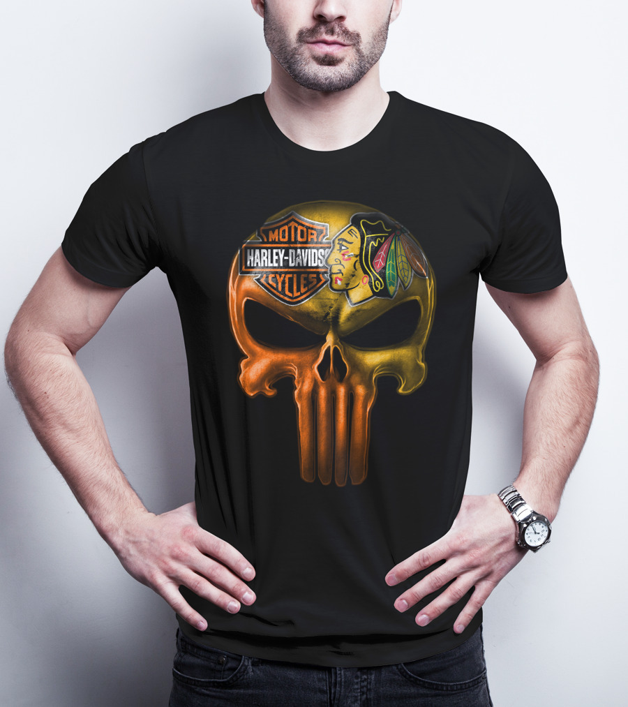 Harley Davidson Punisher Skull Chicago Blackhawks T-Shirt