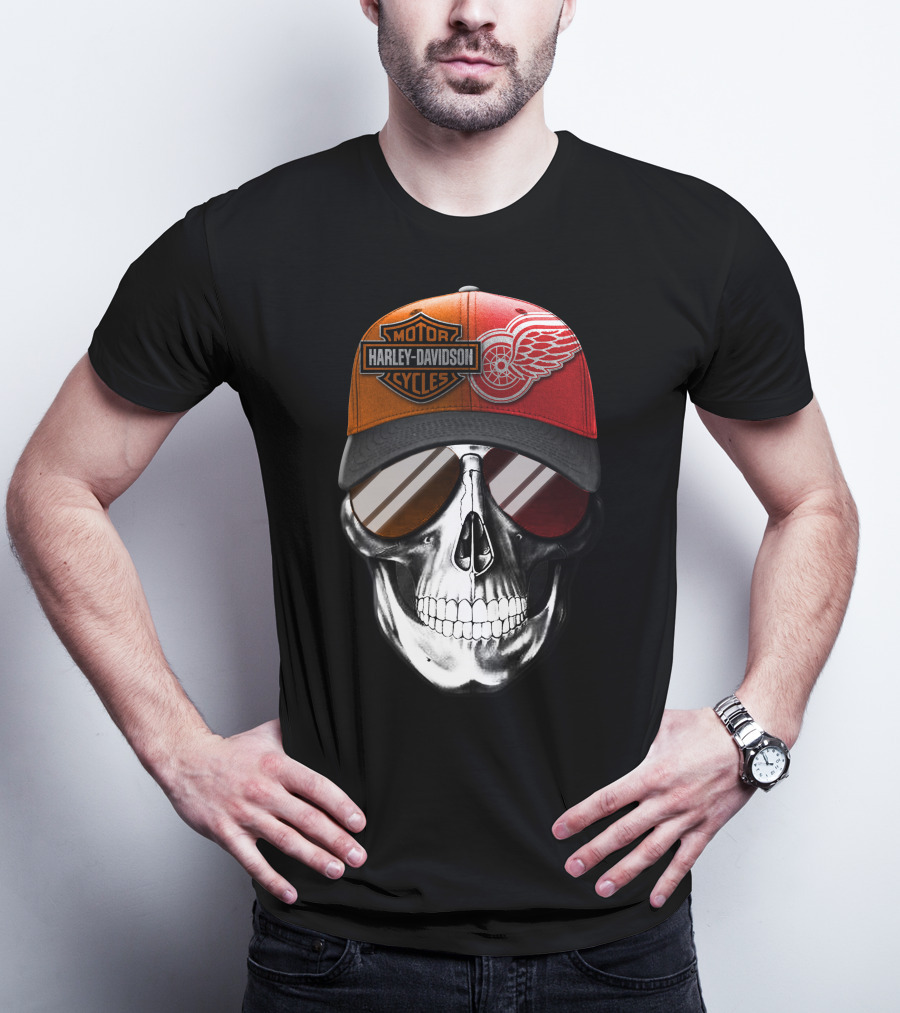 Harley Davidson Motor Cycles Red Wings Skull Cap T-Shirt