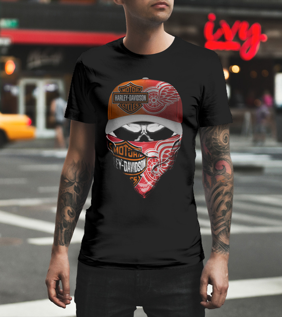 Harley Davidson Detroit Red Wings Bandana Hat Skull T-Shirt