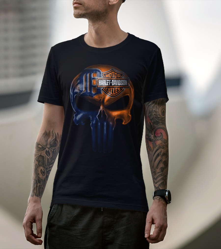 Harley Davidson Motorcycles Skull With Detroit Tigers T-Shirt
