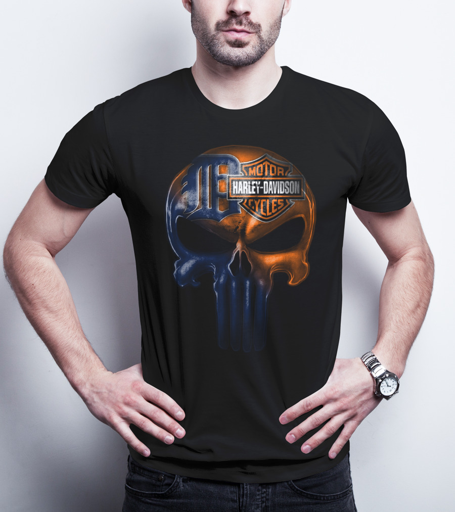 Harley Davidson Motorcycles Skull With Detroit Tigers T-Shirt