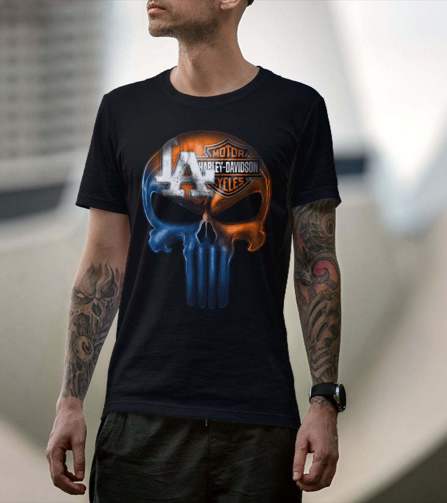 Los Angeles Dodgers Harley Davidson Biker Skull T-Shirt
