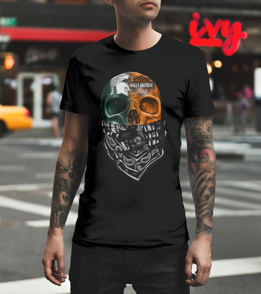 Harley Davidson Skull With Michigan State Spartans Bandana T-Shirt