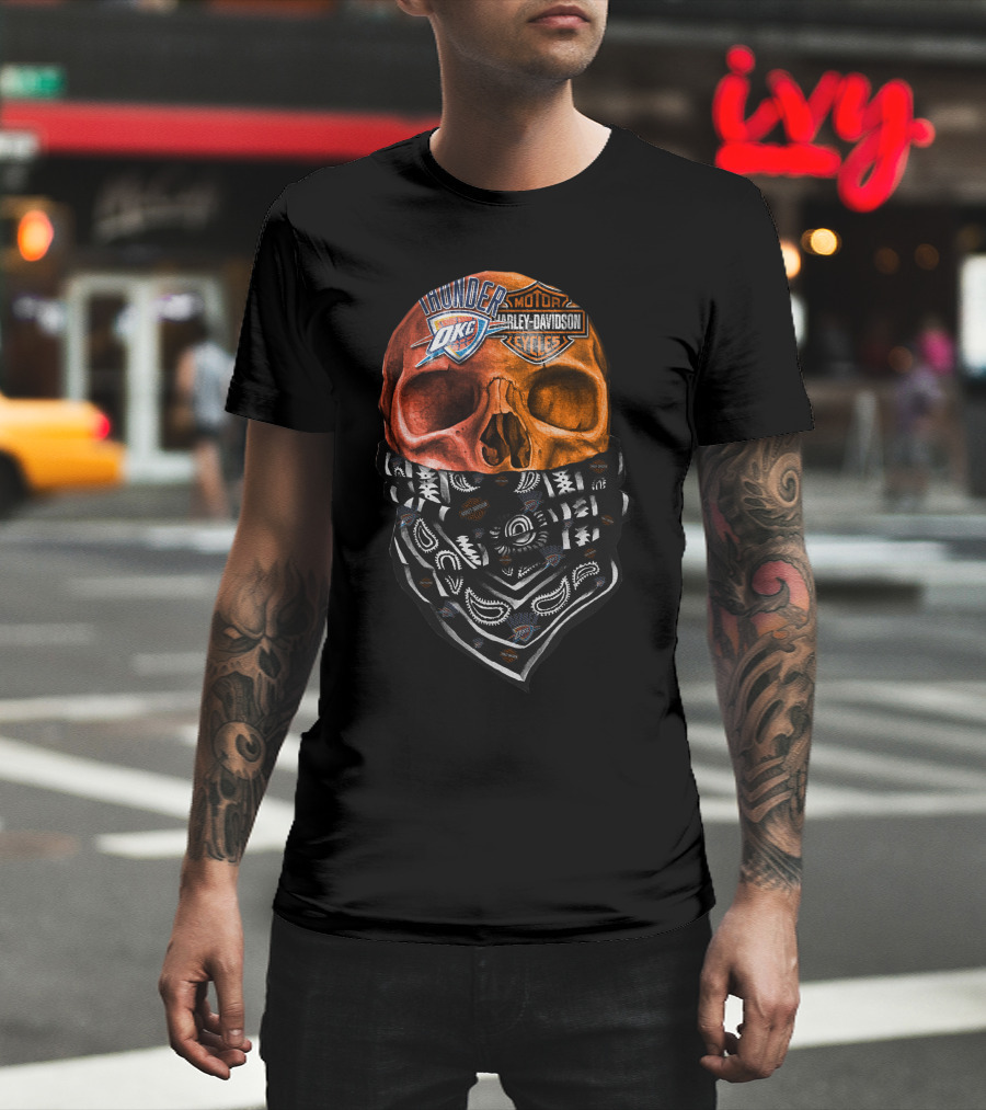 Oklahoma City Thunder Harley Davidson Skull With Bandana T-Shirt