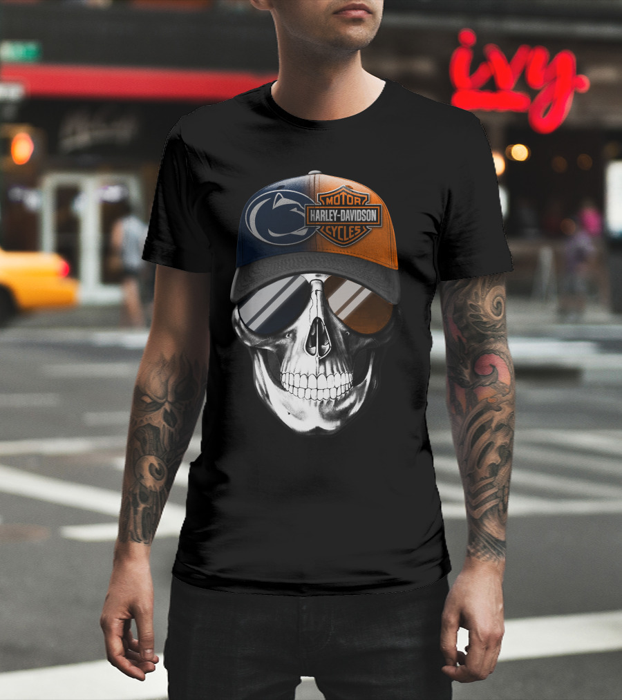 Harley Davidson Motor Cycles Penn State Skull Hat T-Shirt