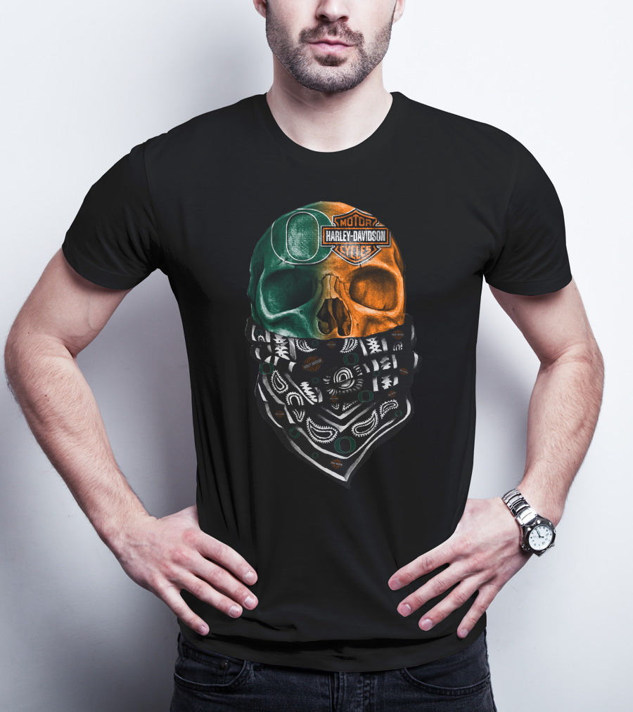 Harley Davidson Motorcycles Dual-Tone Skull With Bandana And Logos T-Shirt