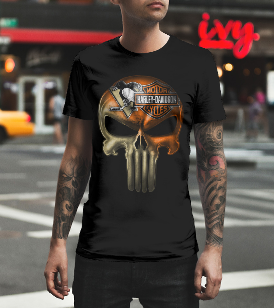Penguins Harley Davidson Punisher Skull T-Shirt