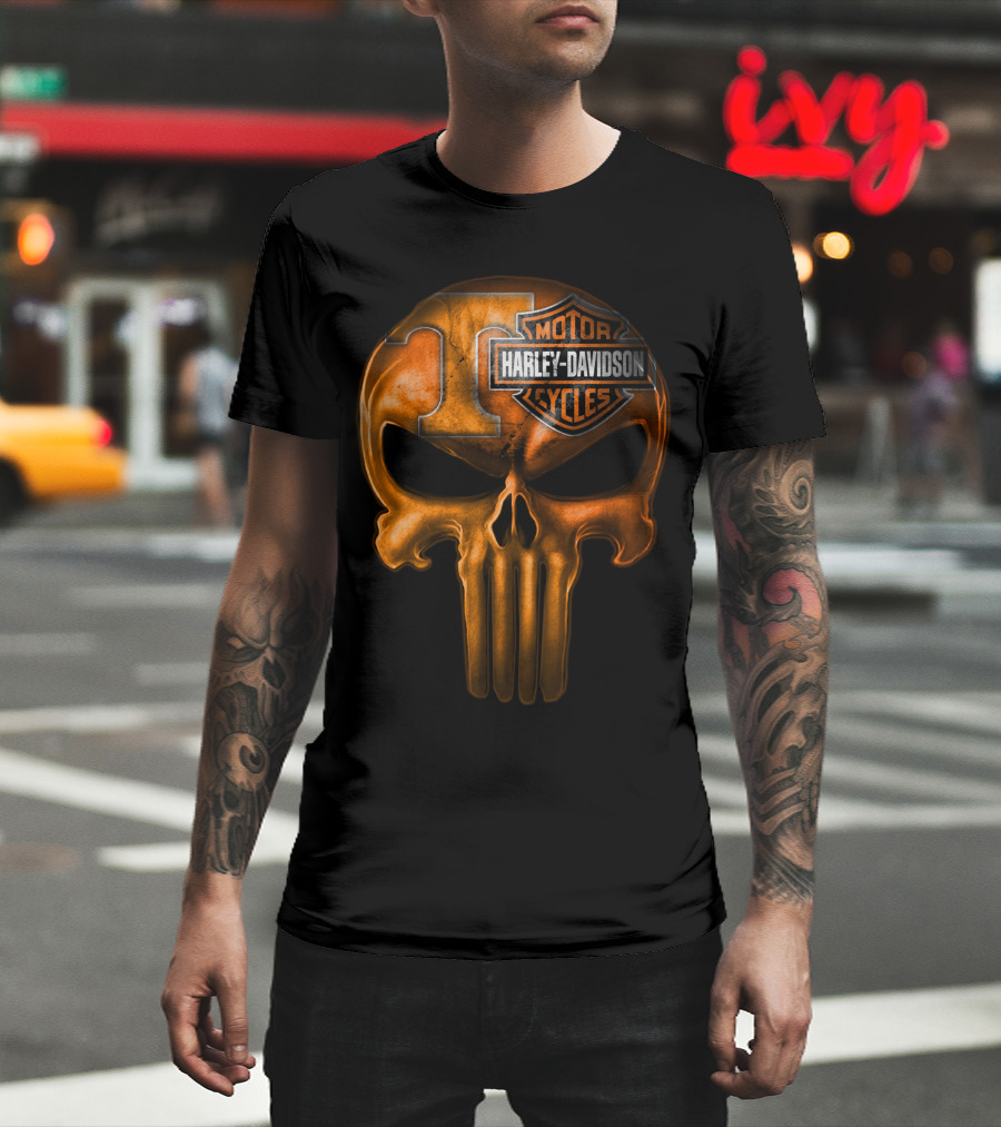 Orange T Skull Harley Davidson Motor Cycles T-Shirt