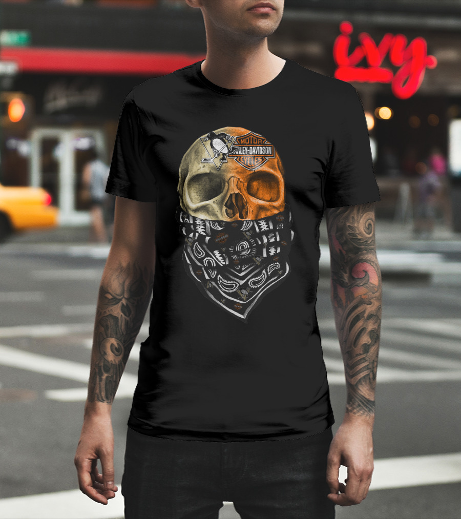 Penguins And Harley Davidson Skull Bandana T-Shirt