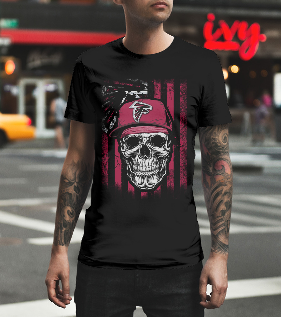 Skull Wearing Atlanta Falcons Cap With Red And Black T-Shirt