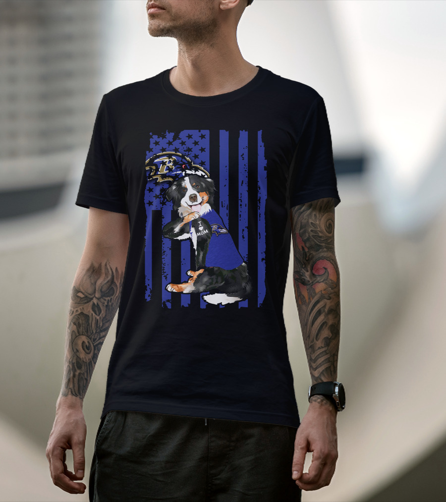 Border Collie I Love Mom Baltimore Ravens Flag T-Shirt