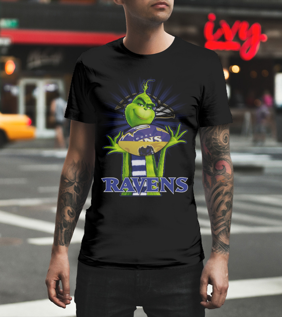Grinch Holding Baltimore Ravens Football With Ravens Text T-Shirt