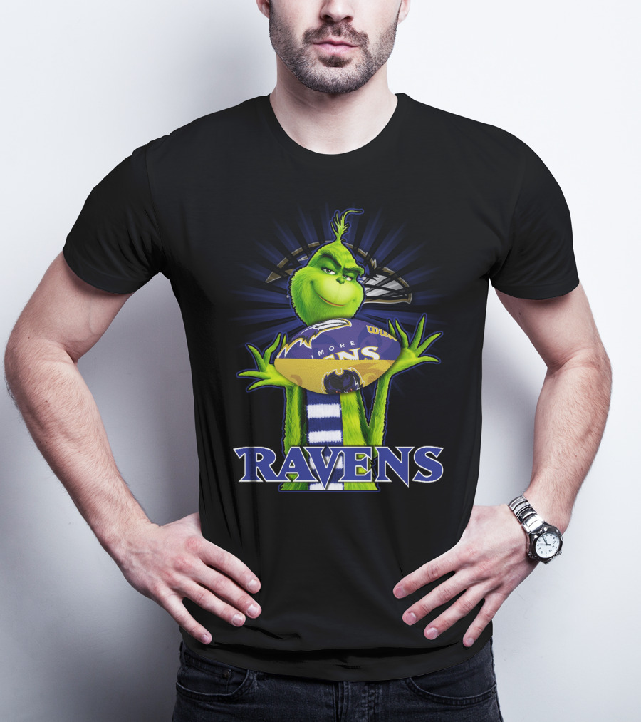 Grinch Holding Baltimore Ravens Football With Ravens Text T-Shirt