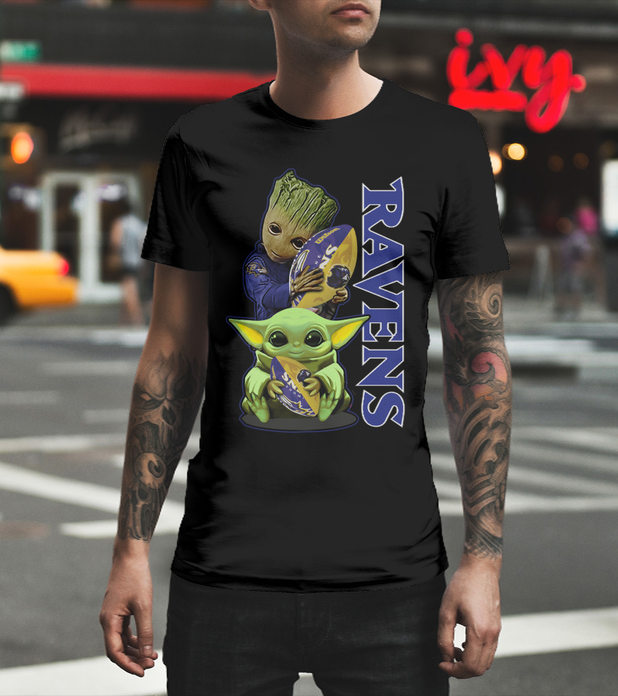 Grzd Baltimore Ravens Baby Yoda And Groot Ravens Football T-Shirt