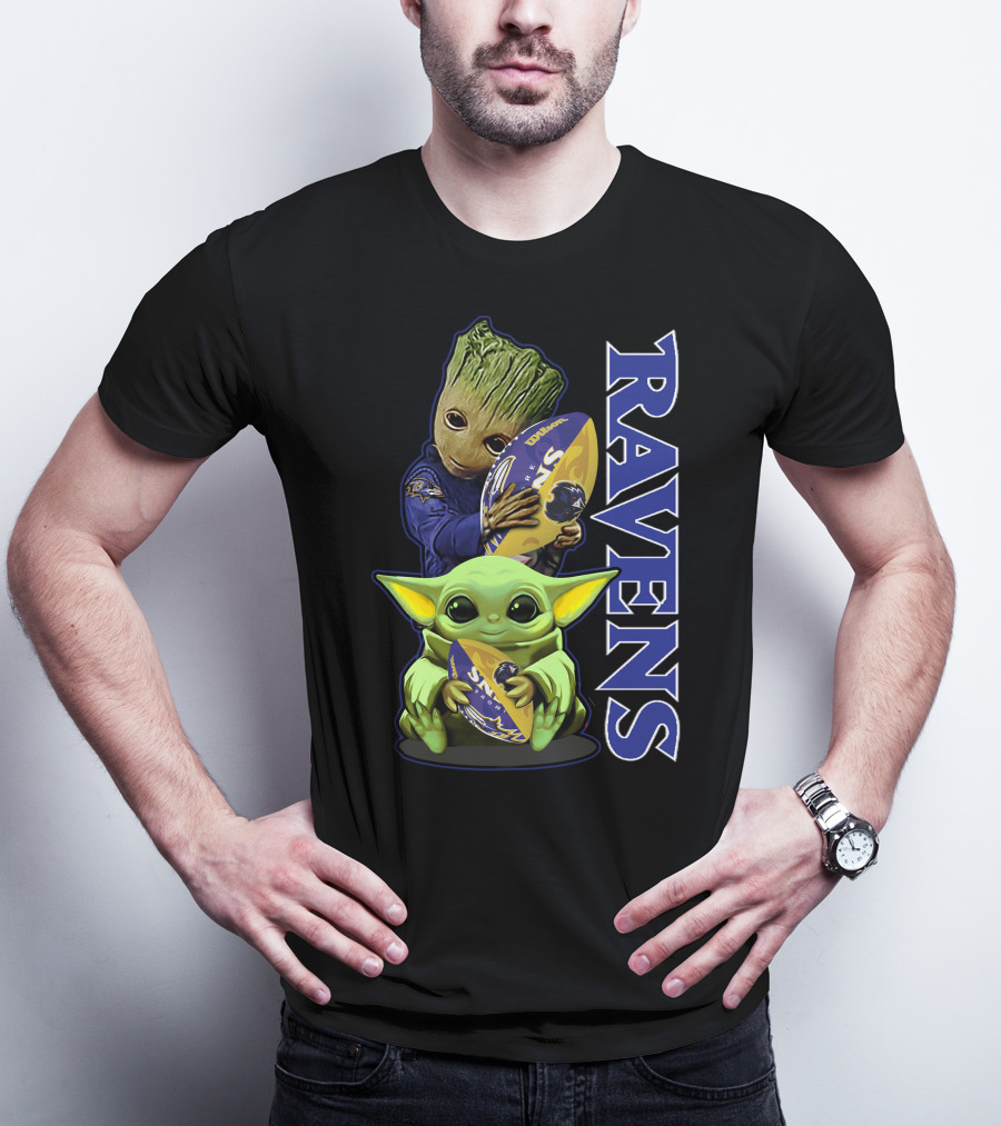 Grzd Baltimore Ravens Baby Yoda And Groot Ravens Football T-Shirt