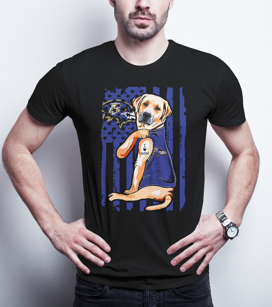 Labrador Retriever In Baltimore Ravens Jersey With I Love Mom Tattoo T-Shirt