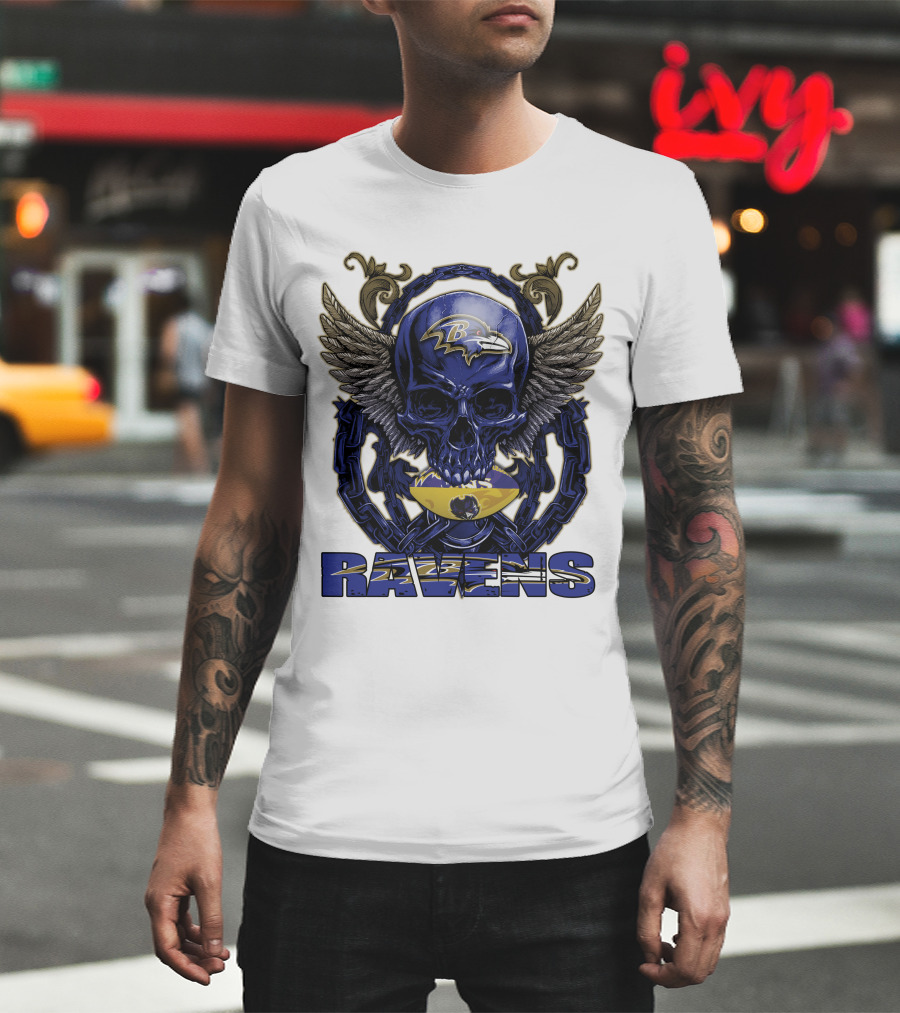 Baltimore Ravens Skullfb Winged Skull Chain T-Shirt