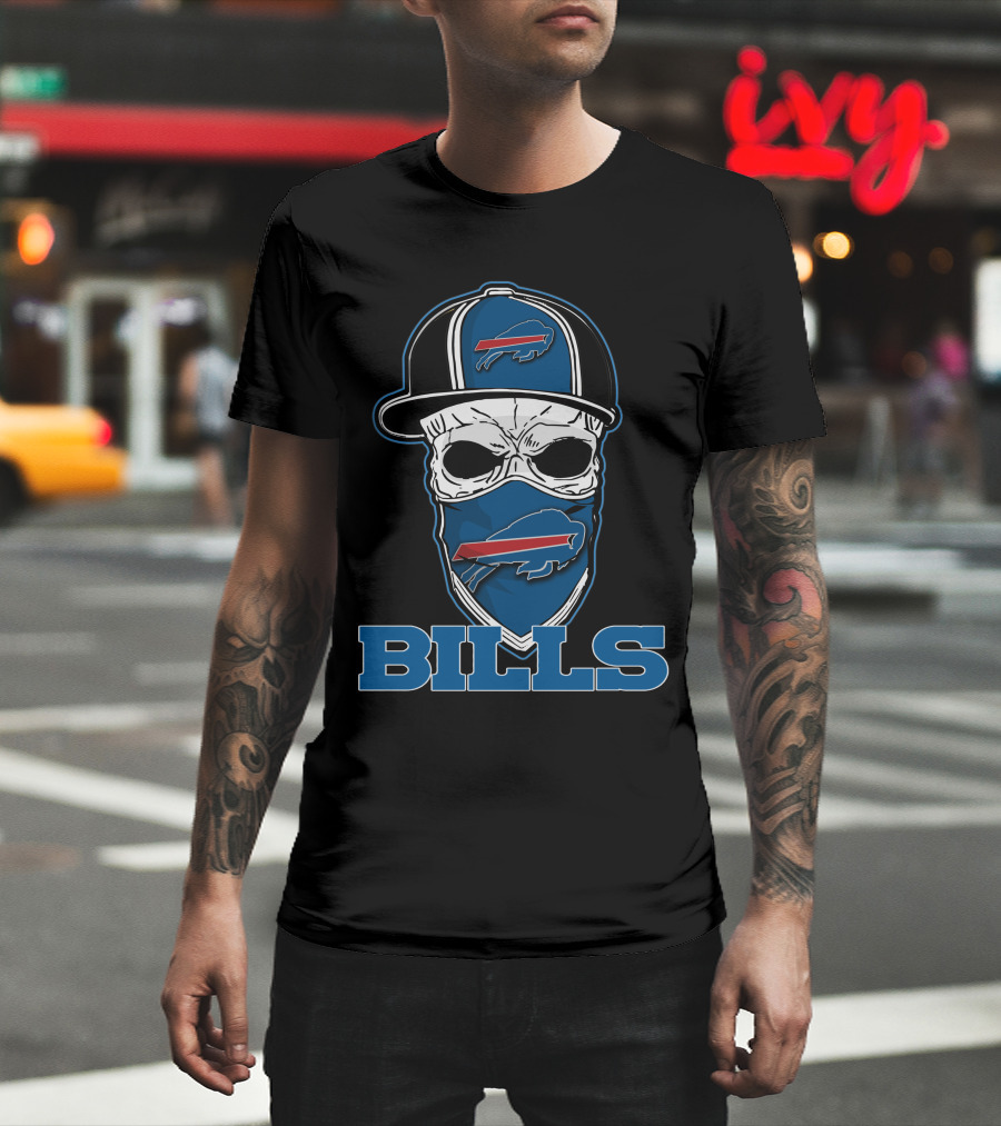 Buffalo Bills Skull Hat Logo Face Covering T-Shirt
