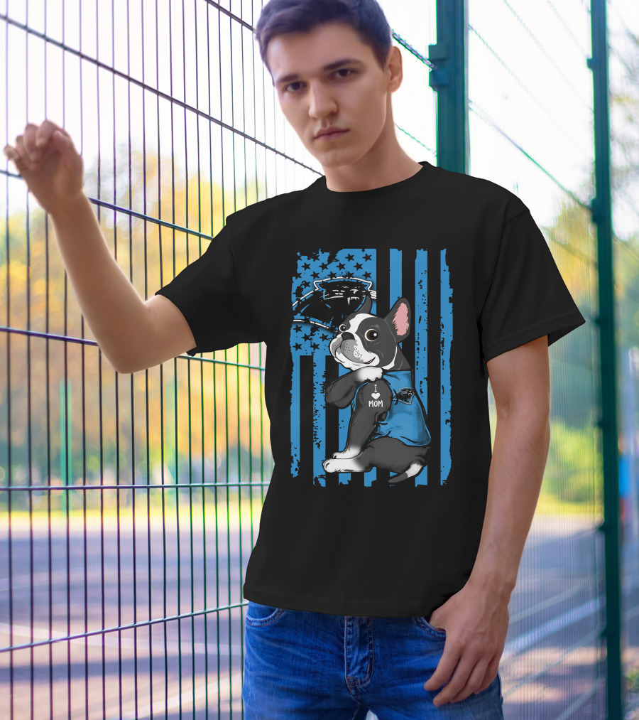 Boston Terrier I Love Mom With Carolina Panthers Blue Stripes T-Shirt