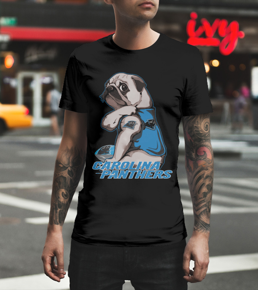 Pug Wearing Carolina Panthers Jersey With Football And Team T-Shirt