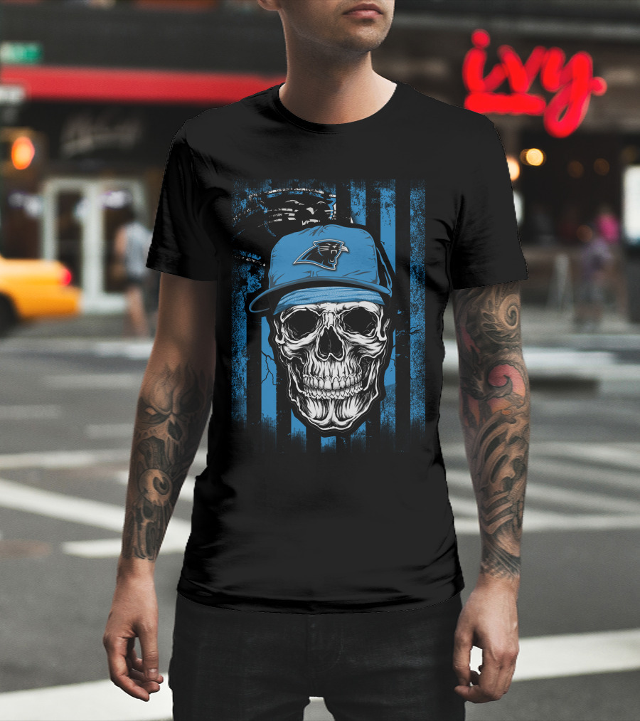 Skull Wearing Carolina Panthers Hat With Blue And Black Stripes T-Shirt