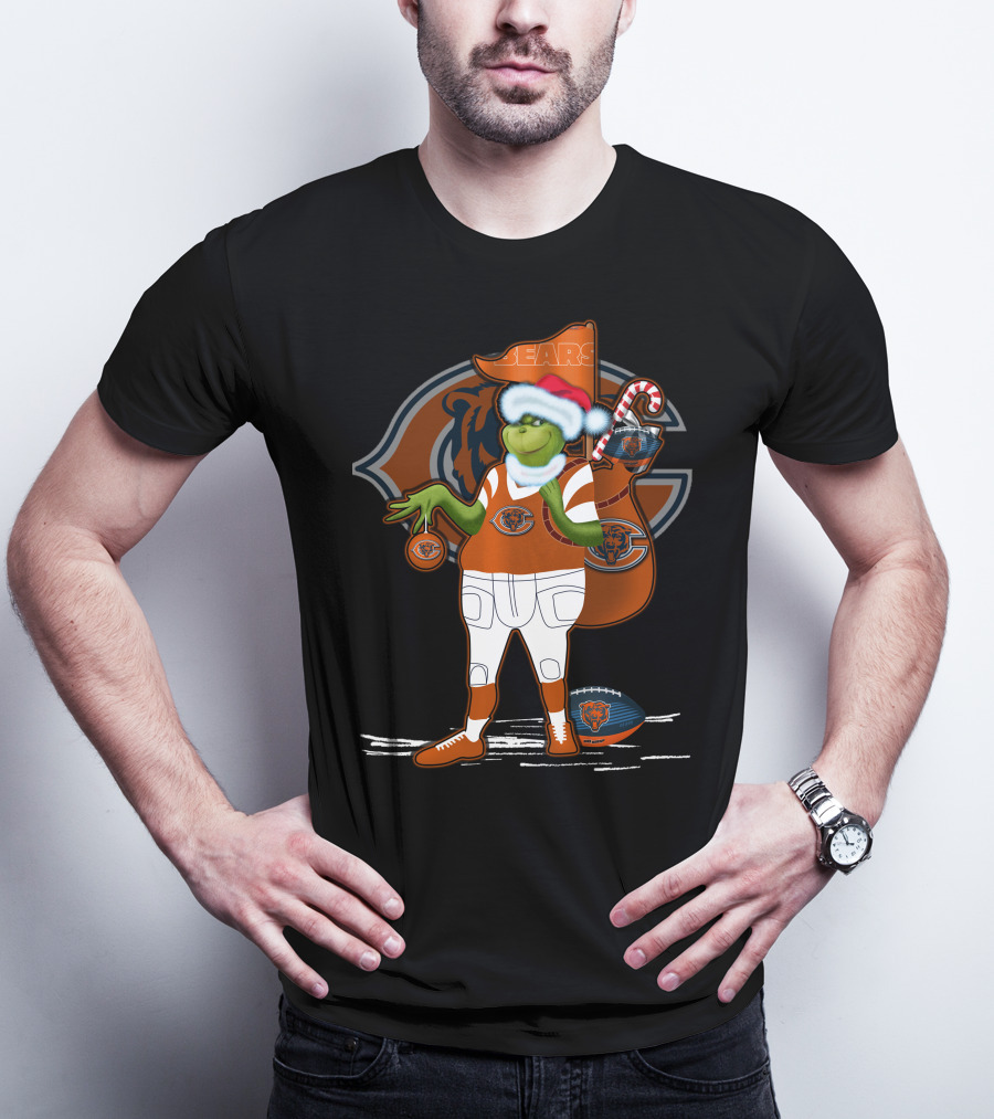 Grinchxmas Chicago Bears Santa Hat Candy Cane Football Sack T-Shirt