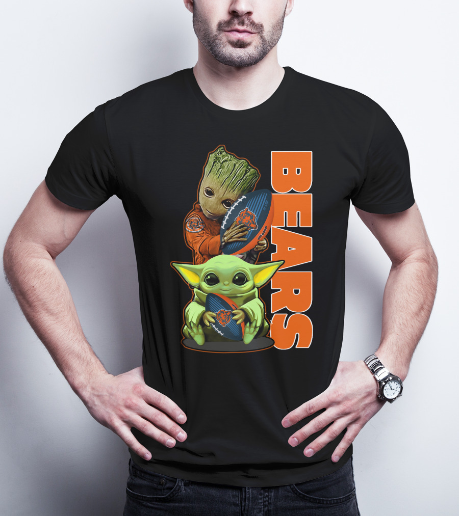 Groot And Baby Yoda Holding Chicago Bears Football T-Shirt