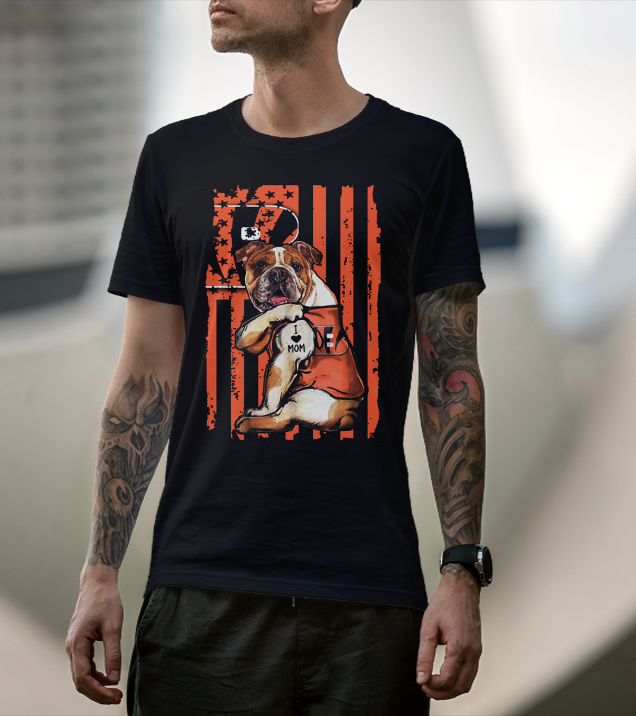 Bulldog Cincinnati Bengals I Love Mom Stripes T-Shirt