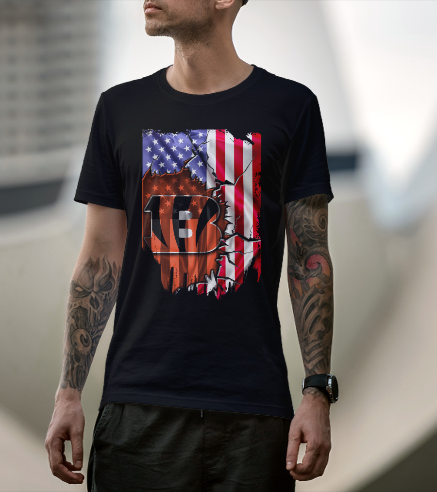 Bengals Stripes And American Flag Cincinnati Bengals 13 T-Shirt