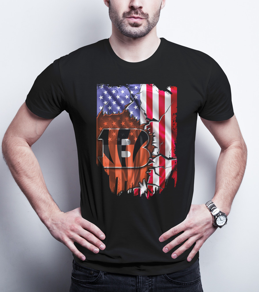 Bengals Stripes And American Flag Cincinnati Bengals 13 T-Shirt