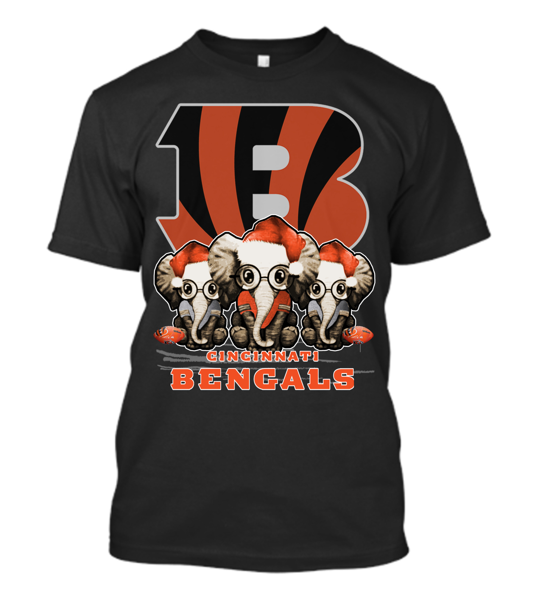 Cincinnati Bengals Christmas Elephants With Santa Hats T-Shirt