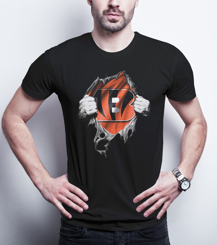 Torn Cincinnati Bengals Logo With Tiger Stripe Effect T-Shirt