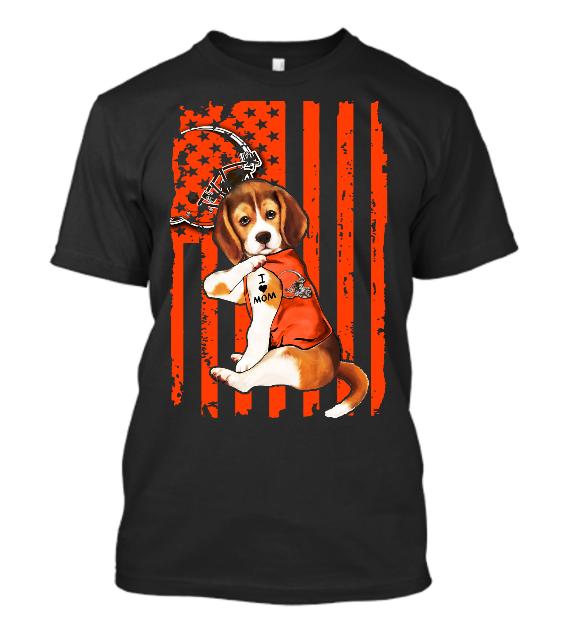 Beagle I Love Mom Cleveland Browns Football Helmet And Stripes T-Shirt