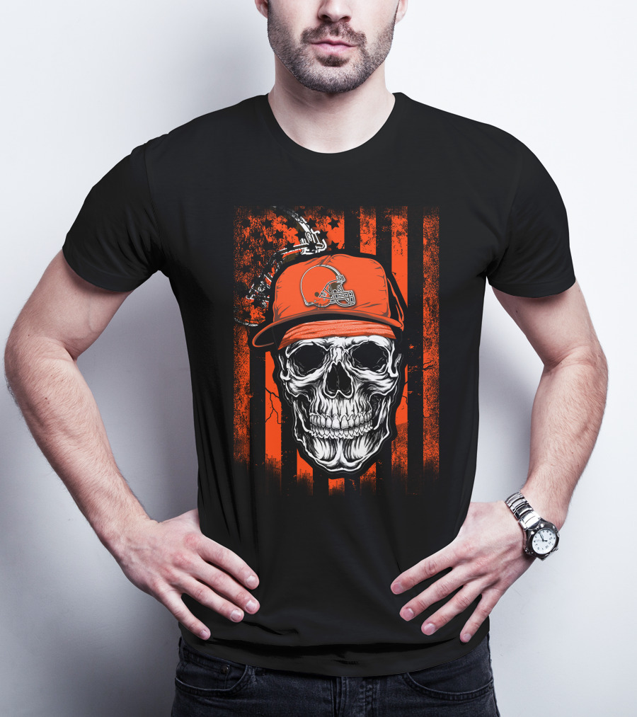 Cleveland Browns Skull Helmet Hat Orange Black Stripes T-Shirt