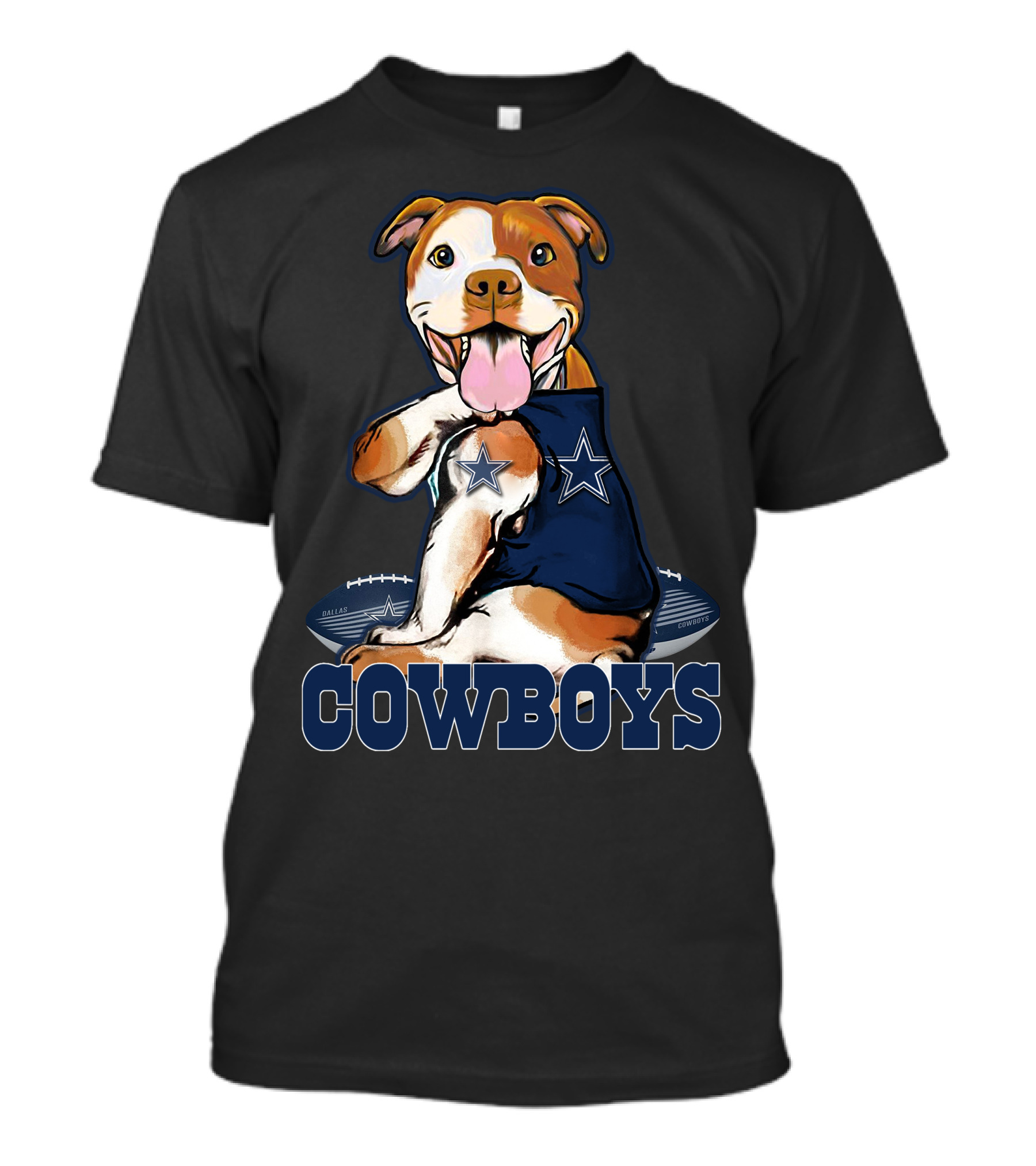 Pittbull Wearing Dallas Cowboys Jersey With Football And Star T-Shirt