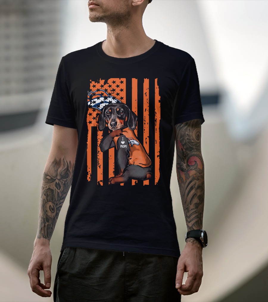 Dachshund DENVER BRONCOS I Love Mom Orange American Flag T-Shirt