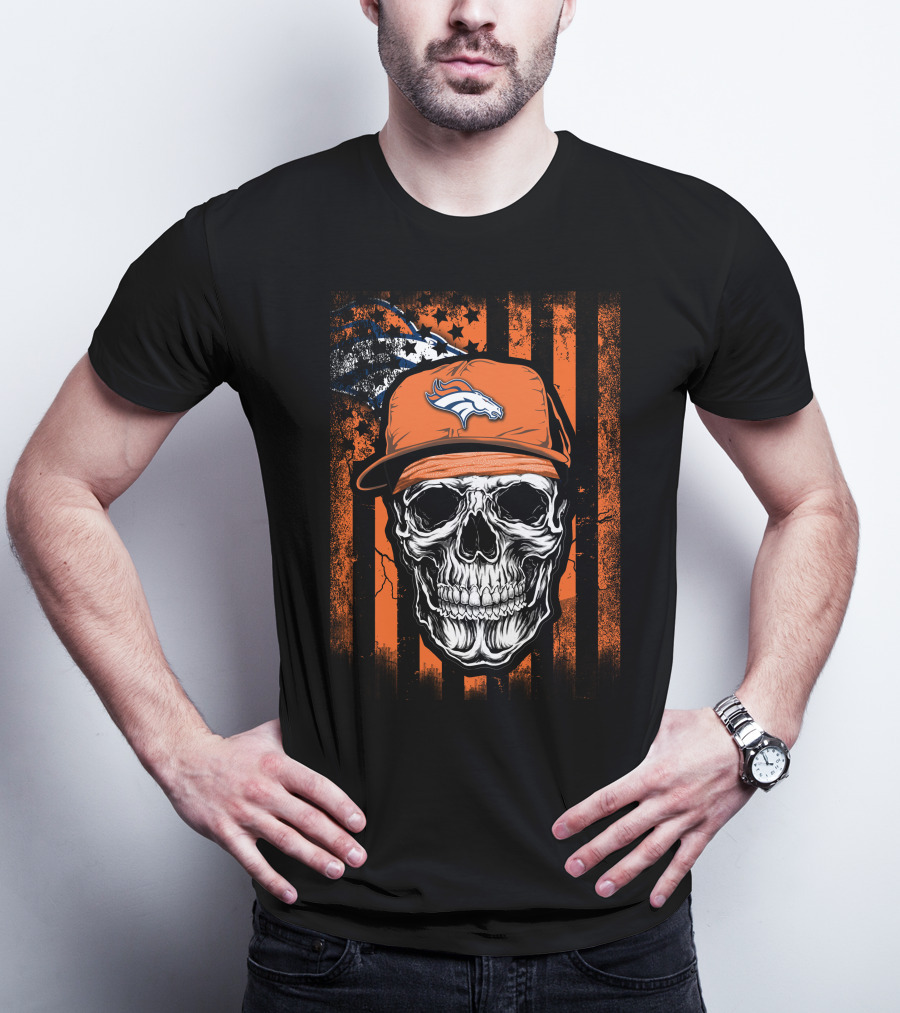 Skull Wearing Denver Broncos Cap On Grunge Orange Stripes T-Shirt