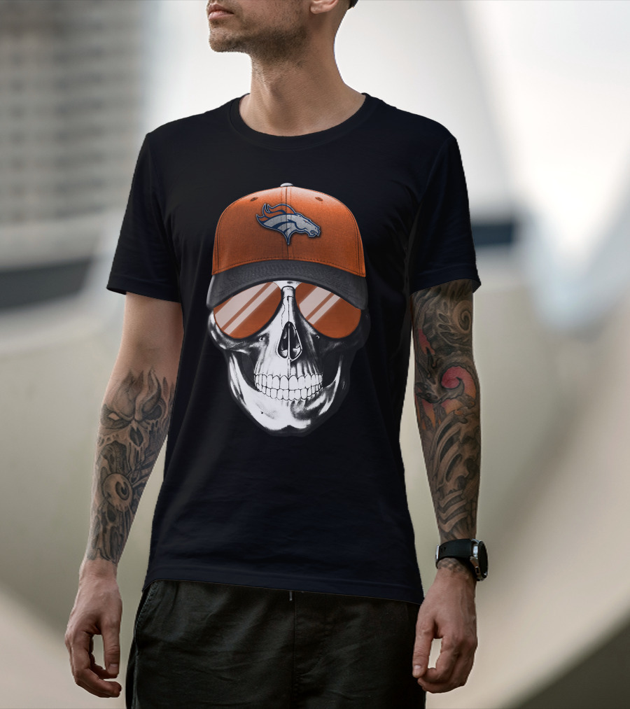 Skull Wearing Denver Broncos Hat And Sunglasses T-Shirt