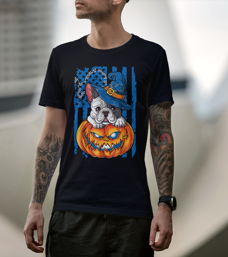 Hlw Bulldog Halloween Detroit Lions Pumpkin Wizard T-Shirt