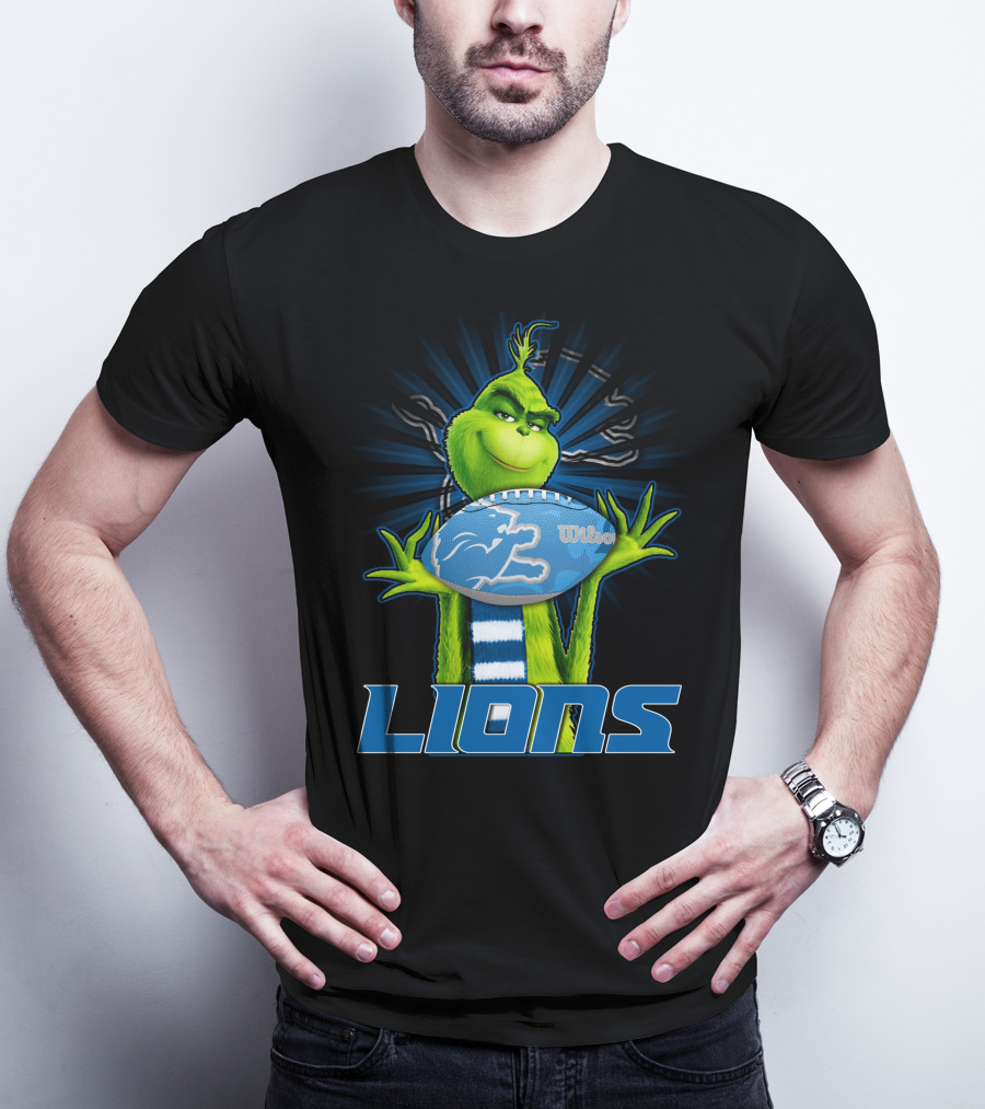 Grinch Holding Detroit Lions Wilson Football T-Shirt