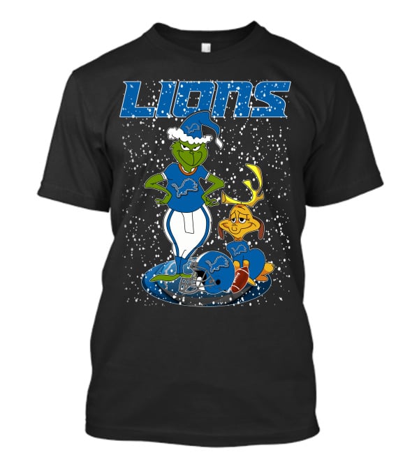 Grinchxmas Detroit Lions Snowy Holiday Characters With Blue Helmets T-Shirt