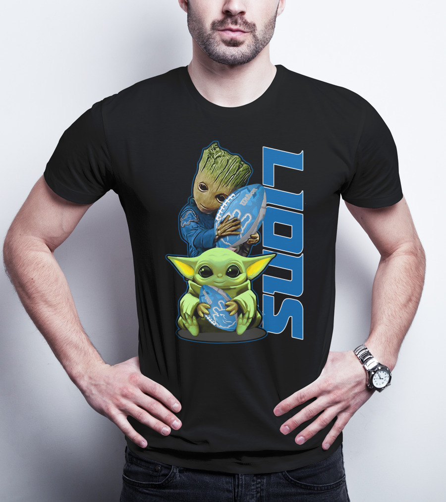 Grzd DETROIT LIONS Baby Groot And Baby Yoda With Football T-Shirt