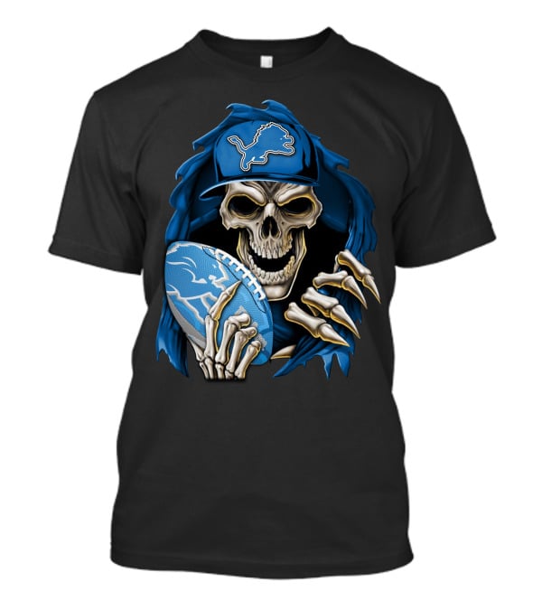 Skullbong Detroit Lions Skeleton With Football And Cap T-Shirt