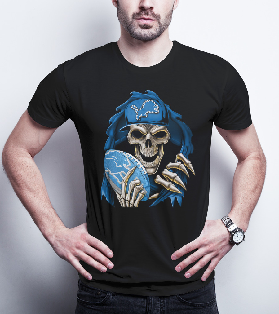 Skullbong Detroit Lions Skeleton With Football And Cap T-Shirt