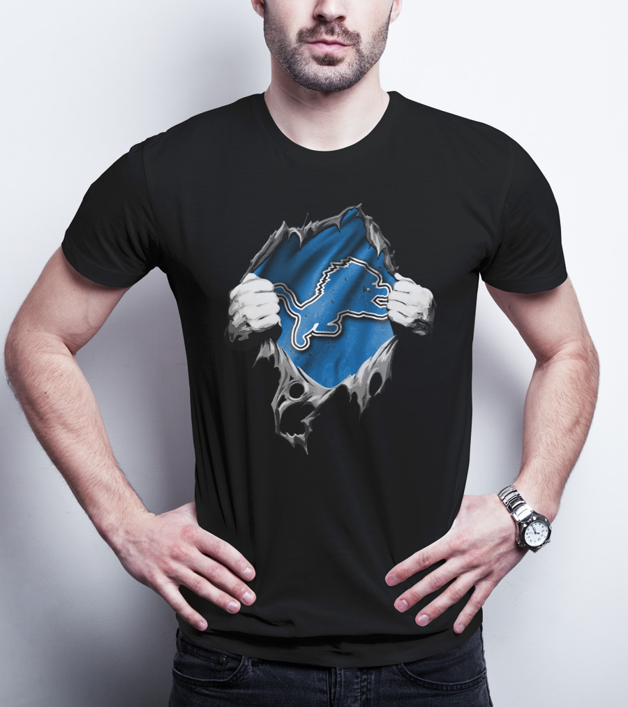 Detroit Lions Torn Hands Ripping Through Blue And Silver T-Shirt