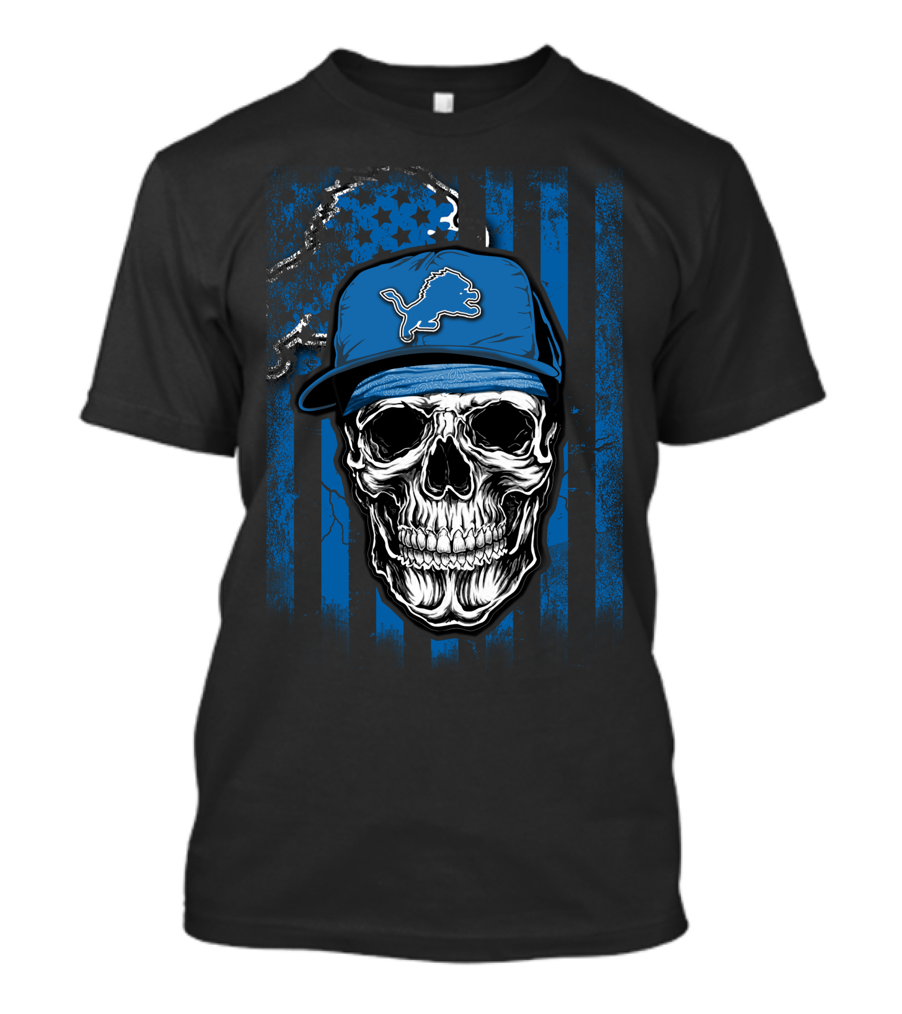 Skull Detroit Lions Blue Cap USA Flag Background T-Shirt
