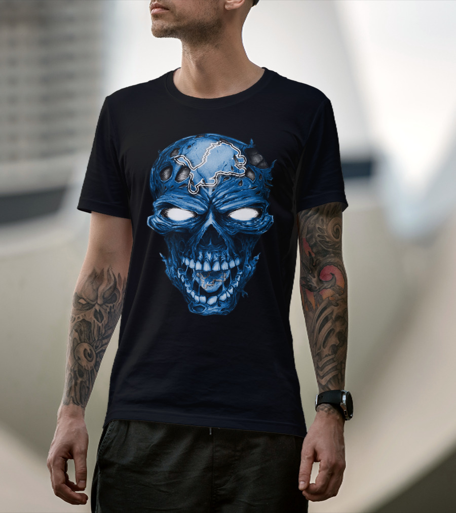 Skull Detroit Lions Blue Dark T-Shirt