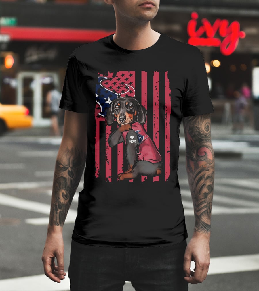 Dachshund I Love Mom Houston Texans Usa Flag Football T-Shirt
