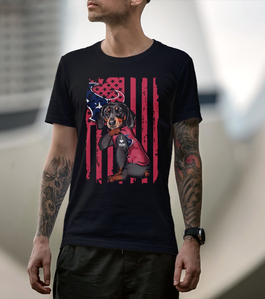Dachshund I Love Mom Houston Texans Usa Flag Football T-Shirt